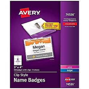 Avery Clip Name Tags, Print or Write, 3" x 4", 50 Inserts & Badge Holders with Clips (74536)