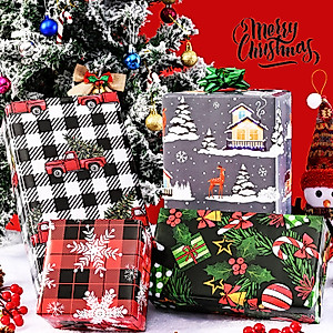 BOLIANNE Christmas Wrapping Paper for Kids Men Women - Xmas Holiday Gift Wrap with Buffalo Plaid, Trucks, Snowflakes, Reindeer for Party - 8 Large Sheets, Vintage Design, 27 x 37 Inch, High Gloss
