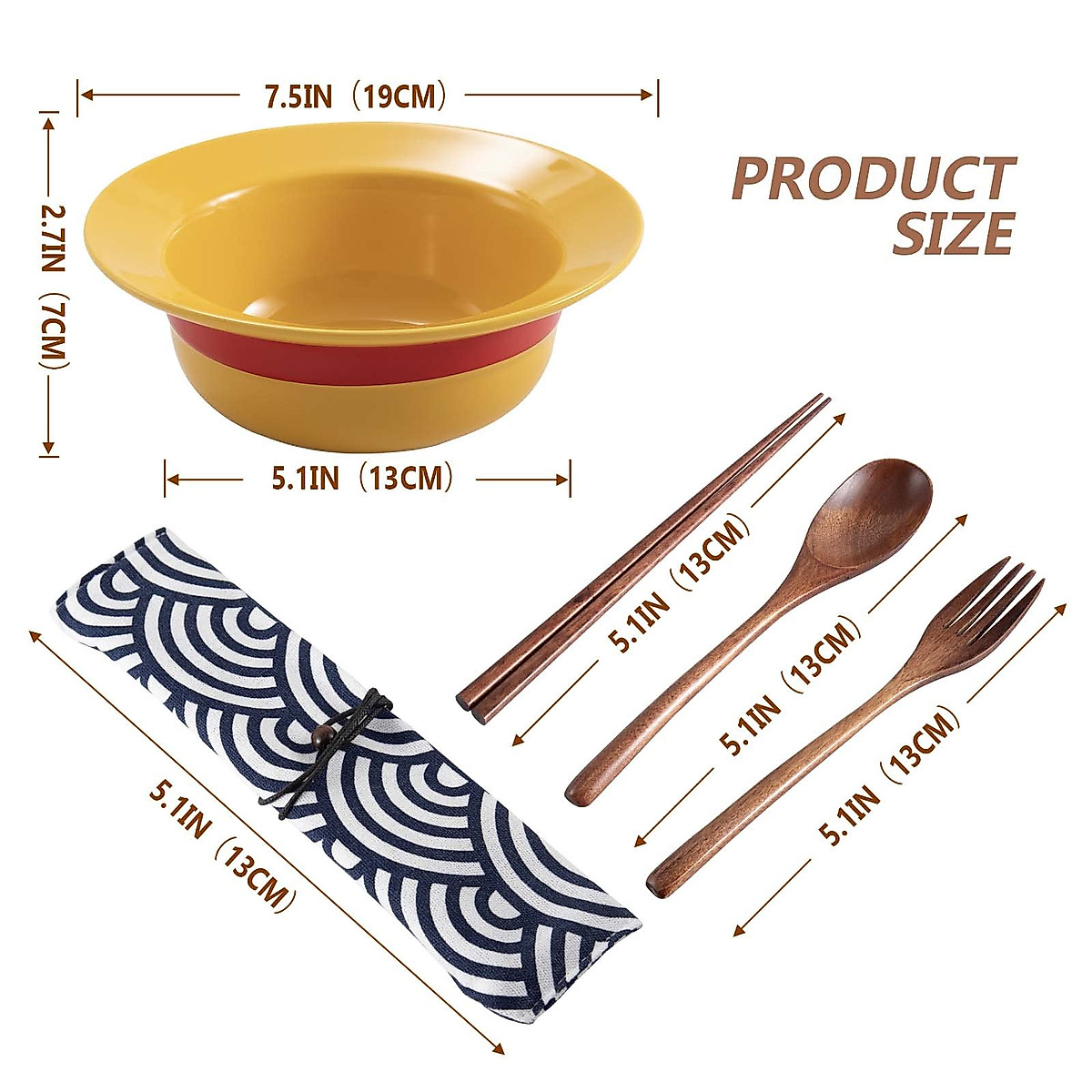 CHUNGE 5PCS ONEPIECE Japanese Ramen Ceramic Bowl Set Luffy Straw Hat Ramen Bowl With Chopsticks Anime Fans Gift（4Pcs）