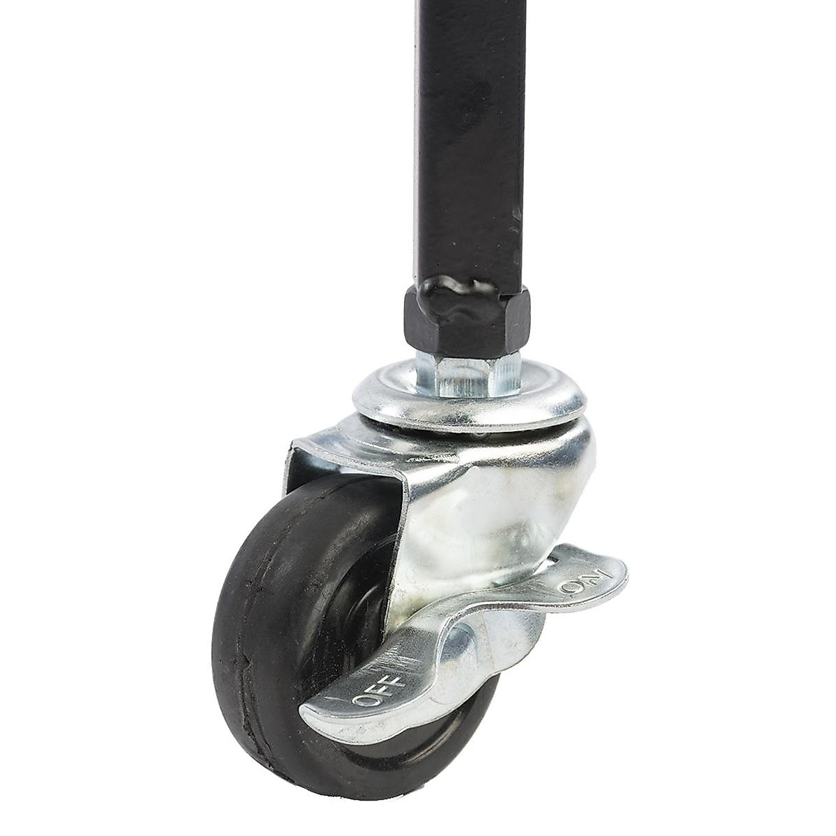 Displays2go Portable Newspaper and Magazine Rack, 4 Angled Shelves, Locking Caster Wheels (Black Steel)