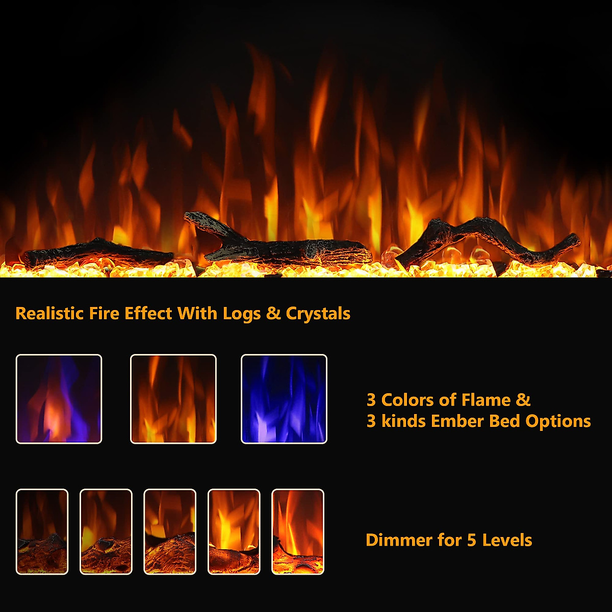 Dreamflame Electric Fireplace 50inches, Wall-Mounted & Recessed Fireplace Inserts, Multicolor Flame w/5 Dimmer, Remote Control Thermostat, Timer, Overheating Protection, Hardwire Connect, 1500W,Black