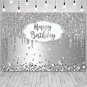 ABLIN 7x5ft Happy Birthday Backdrop Dripping Glitter Crystal Diamond Silver Photo Background Girls Women Bday Party Decorations Cake Table Banner Wall Decor Props