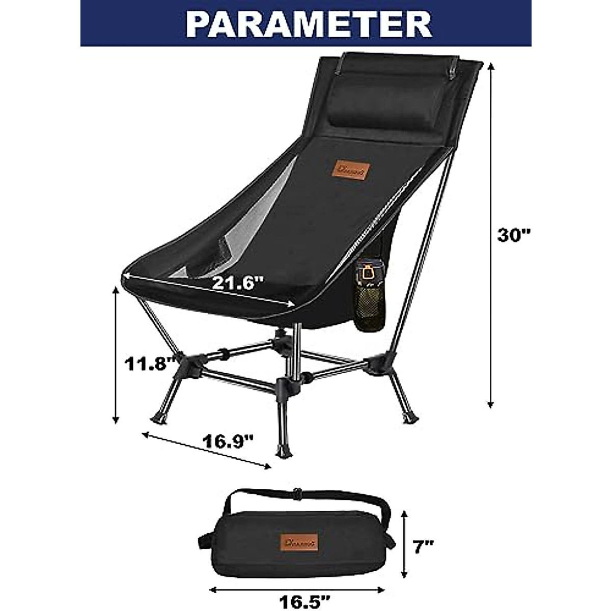 DRAXDOG Camping Chair, 2 Way Compact Backpacking Chair, Portable Folding Chair, Beach Chair with Side Pocket, Lightweight Hiking Chair 0011 (Black)