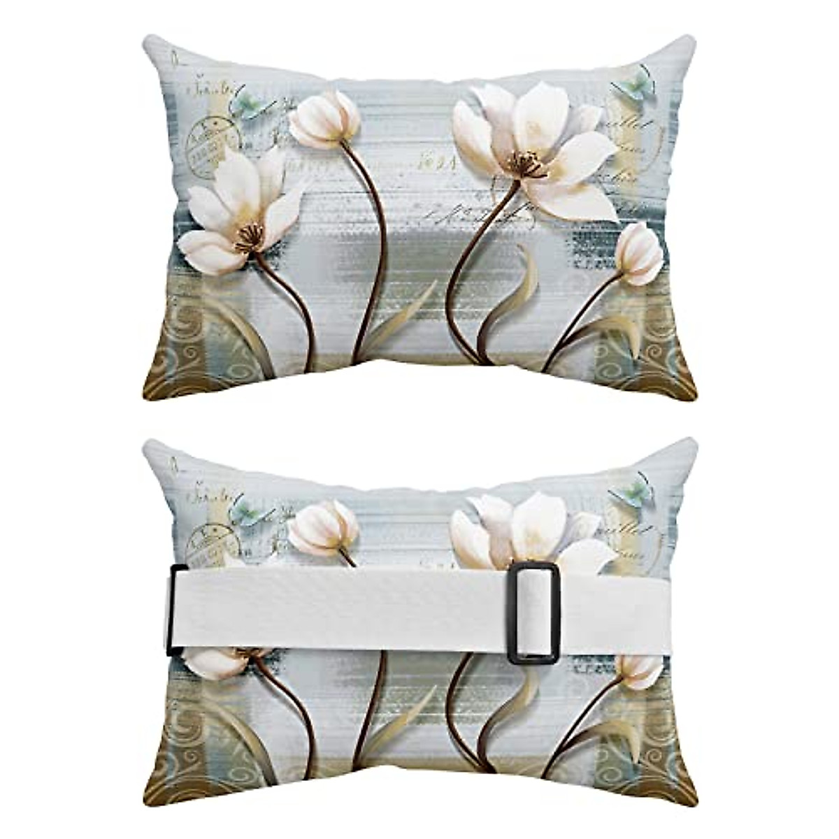 Recliner Head Pillow Ledge Loungers Chair Pillows with Insert White Tulip Flower Butterfly Vintage Postcard Lumbar Pillow with Adjustable Strap Outdoor Waterproof Patio Pillows for Beach Pool, 2 PCS