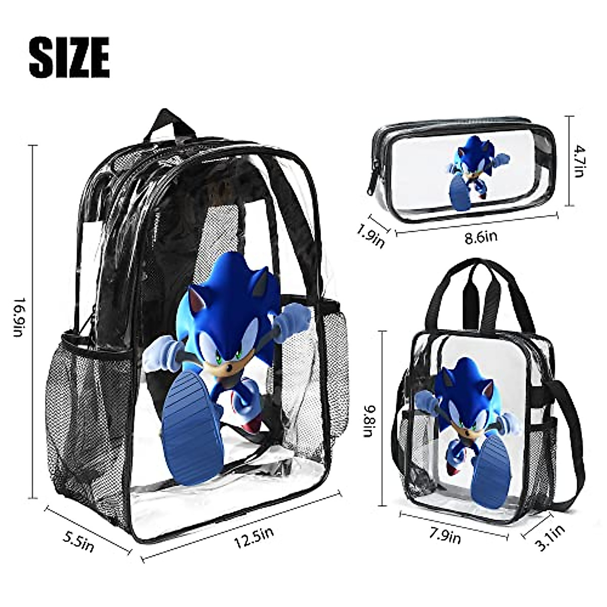 Qxuzizh 3PCS Transparent Clear Backpack Plastic Bookbags with Lunch Bag Tote And Pencil Case Box Pouch for Teen Boys Girls Youth