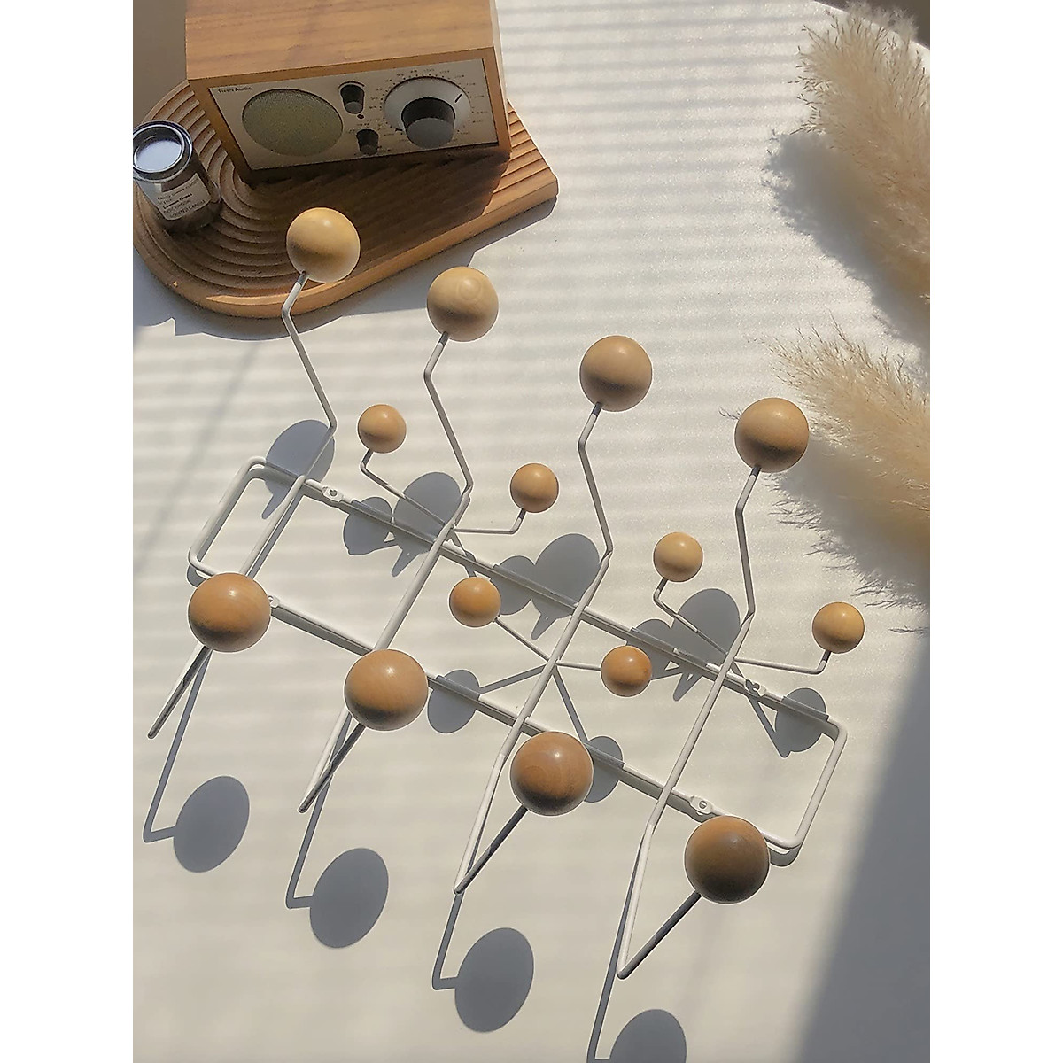 SHISEDECO Classic Hang it All Coat Rack, Mid Century Modern Wall Mounted Coat Hooks with Painted Solid Wooden Balls(Multi Colors Available) (White Frame Natural)