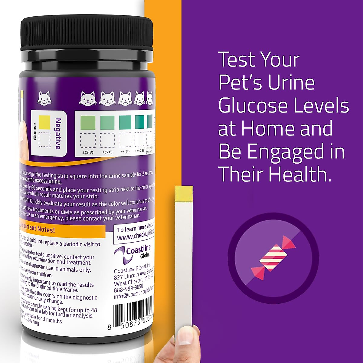 KIT4CAT CheckUp Glucose Urine Testing Strips for Cats and Dogs - Detection of Glucose Levels x 50
