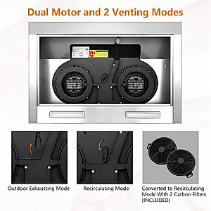 Upgraded 600 CFM Range Hood 30 inch, Under Cabinet Range Hood for Duct/Ductless Convertible, Stainless Steel Kitchen Stove Vent with 3 Speed Kitchen Exhaust Fan and Two Bright Energy-Saving LED