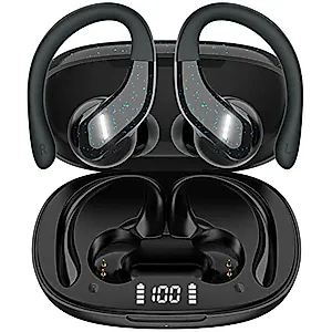 comiso Wireless Earbuds, IPX7 Waterproof Bluetooth Headphones, Big Bass, Sport Earphones with Earhooks LED Display Built-in Mic 48H Charging Case Bluetooth 5.2 for Workout Running Jogging Black