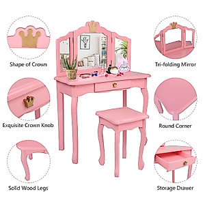 VALUE BOX Kids Vanity Table and Chair Set, 2 in 1 Princess Makeup Dressing Table with Drawer & Tri-Folding Mirror, Child Pretend Beauty Play Vanity Set for Girls