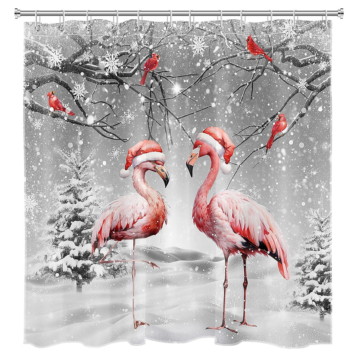 EOBTAIN Winter Christmas Shower Curtain for Bathroom Winter Scene Snowflake Pink Flamingo and Cardinal on Pine Tree Shower Curtain with 12 Hooks Snow Scenery Bathroom Curtains Shower Set 72x72 Inch