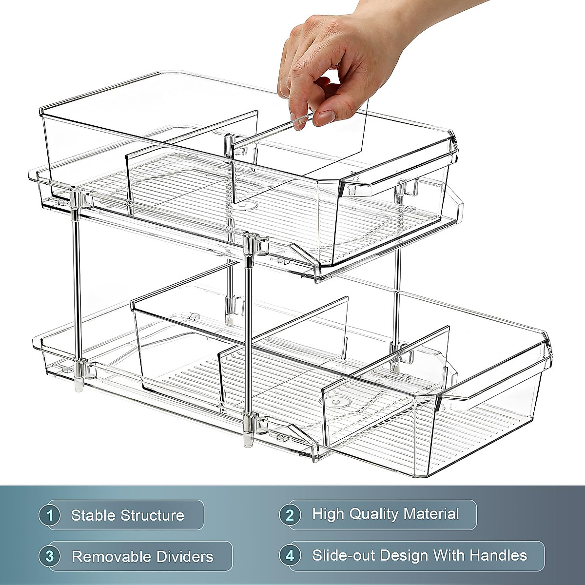 2 Tier Clear Organizer with Dividers, Multi-Purpose Slide-Out Storage Container, Bathroom Vanity Counter Organizing Tray, Under Sink Closet Organization, Kitchen Pantry Medicine Cabniet Storage Bins