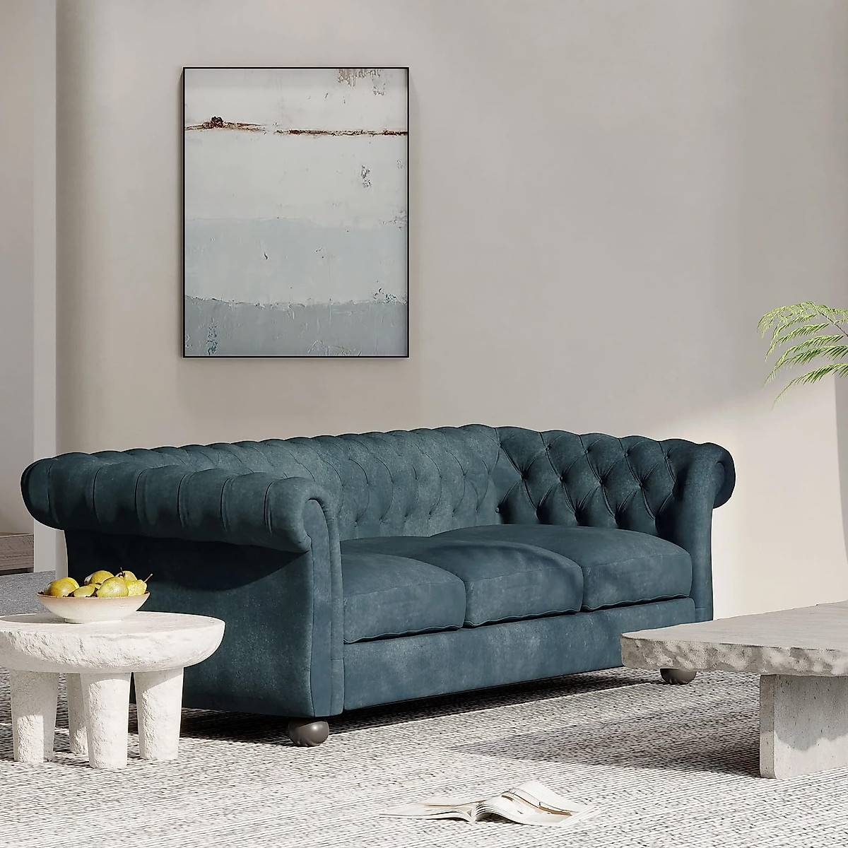 Elegant Tufted Fabric Sofa Couch, Chesterfield 3-Seater Sofa with High-Density Cushion, Removable Cushions and Covers, Luxurious Scrolled Arms Upholstered Sofa for Living Room, Office, Apartment