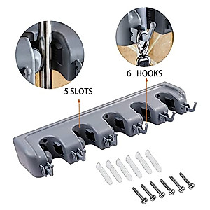 YouOKLight Broom holder wall mount, mop and broom hanger wall mount garden tool organizers storage rack, broom organizer mop holder hanger. For Home Garden Garage And Storage, 5 Slots, 6 Hooks, Grey.