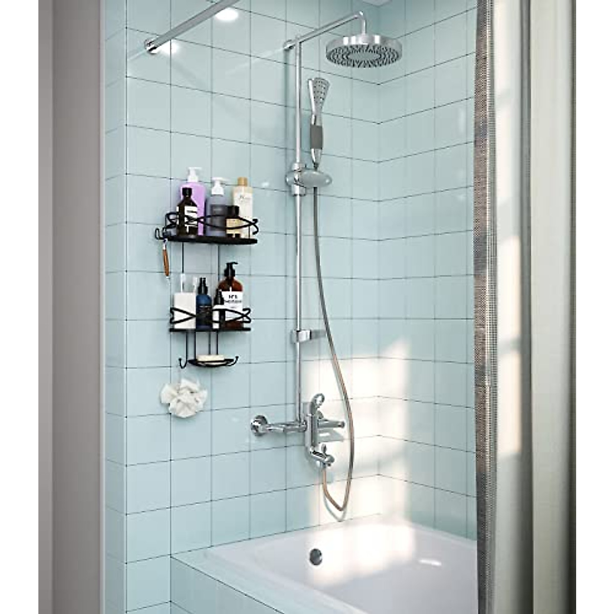 Bunoxea Anti-Swing Hanging Shower Caddy, Over Head Shower Caddy Extra-Large Rustproof with Hooks for Razors, Sponge and more, Metal Black