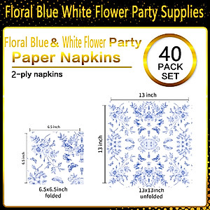 40 Pack Blue White Floral Cocktail Napkins Blue White Floral Luncheon Napkins Fancy Dessert Paper Napkins for Floral Theme Bridal Baby Shower Tea Party Blue White Floral Birthday Party Supplies Decor