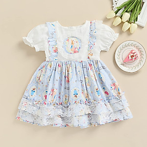Kids Toddler Baby Girl Easter Dress Short Puff Sleeve Rabbit Bunny Print Ruffle Lace Patched Princess Dress (3-4T, Lace+Blue)