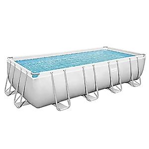 Bestway 18' x 9' x 4' Power Steel Frame Above Ground Rectangular Swimming Pool Set w/ 1000 GPH Sand Filter Pump, Pool Cover, Ladder, Skimmer, & Vacuum