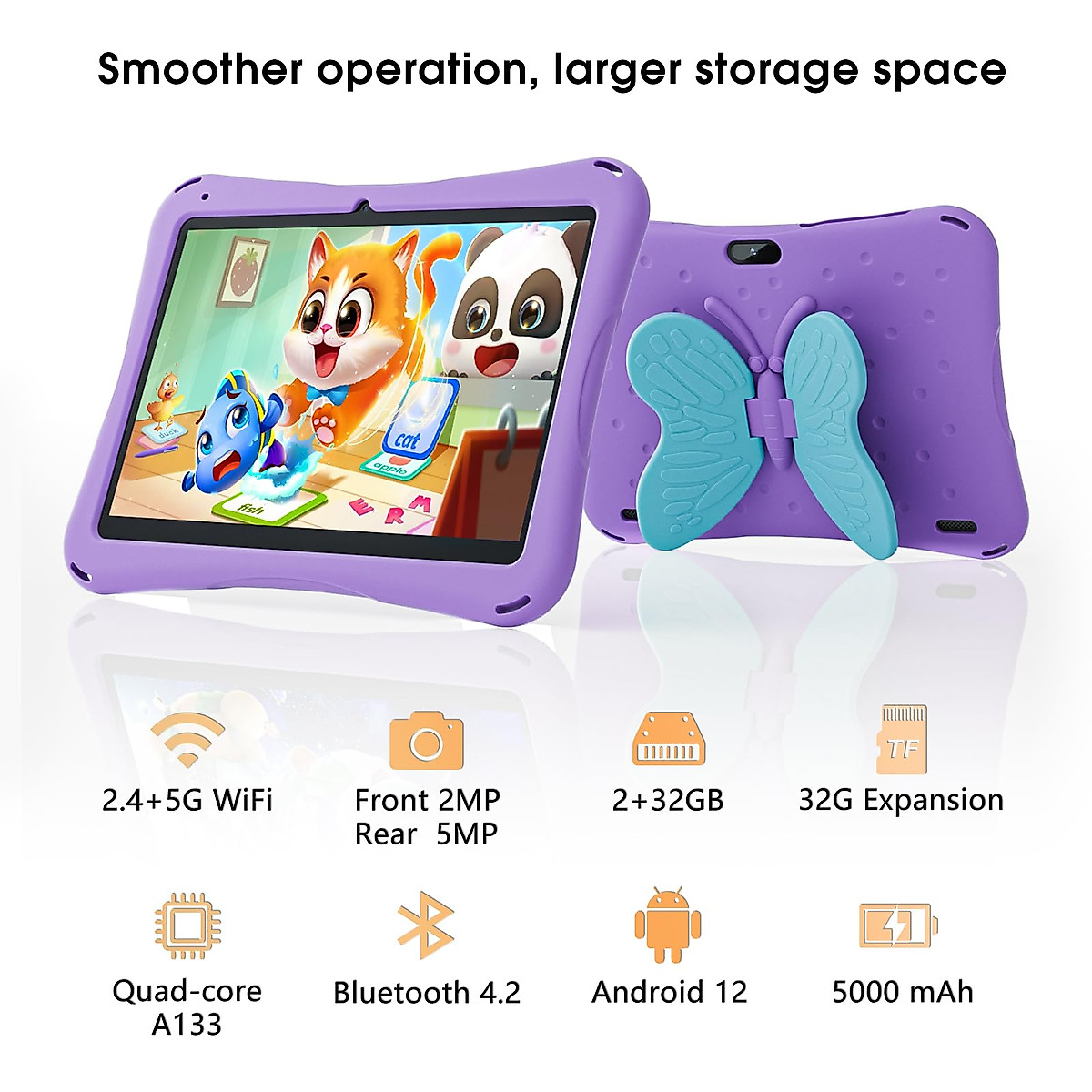SGIN Tablet for Kids, 10 Inch Android 12 Kids Tablet with Kids Case, 2GB RAM 64GB ROM, 5000mAh, 1280 * 800 Display, Dual Camera, WiFi, Educational Games, Blue Butterfly Handle