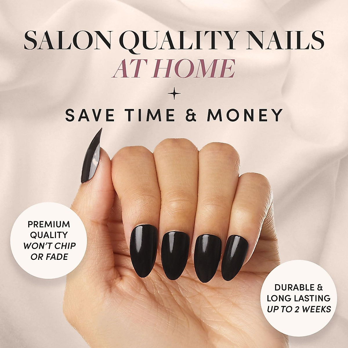 Glamnetic Press On Nails - Boba | Opaque Black Short Almond Nails, Reusable | 12 Sizes - 24 Nail Kit