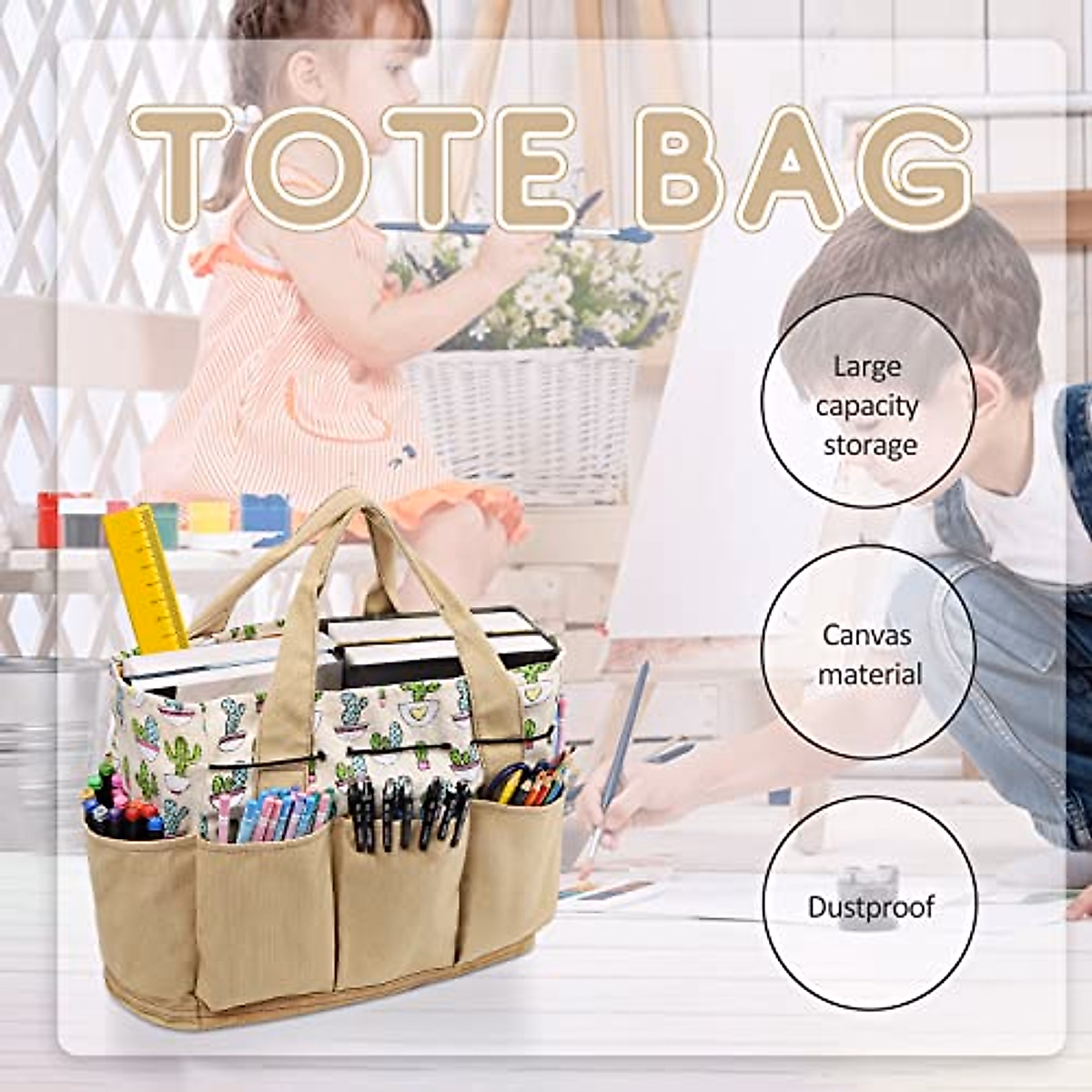 GERYMU Art Supply Storage Organizer, Craft Organizers and Storage Tote Bag with Pockets Art Caddy Oxford Fabric Craft Storage Containers for Teacher, Students, Artist,Office Workers, Traveler Khaki