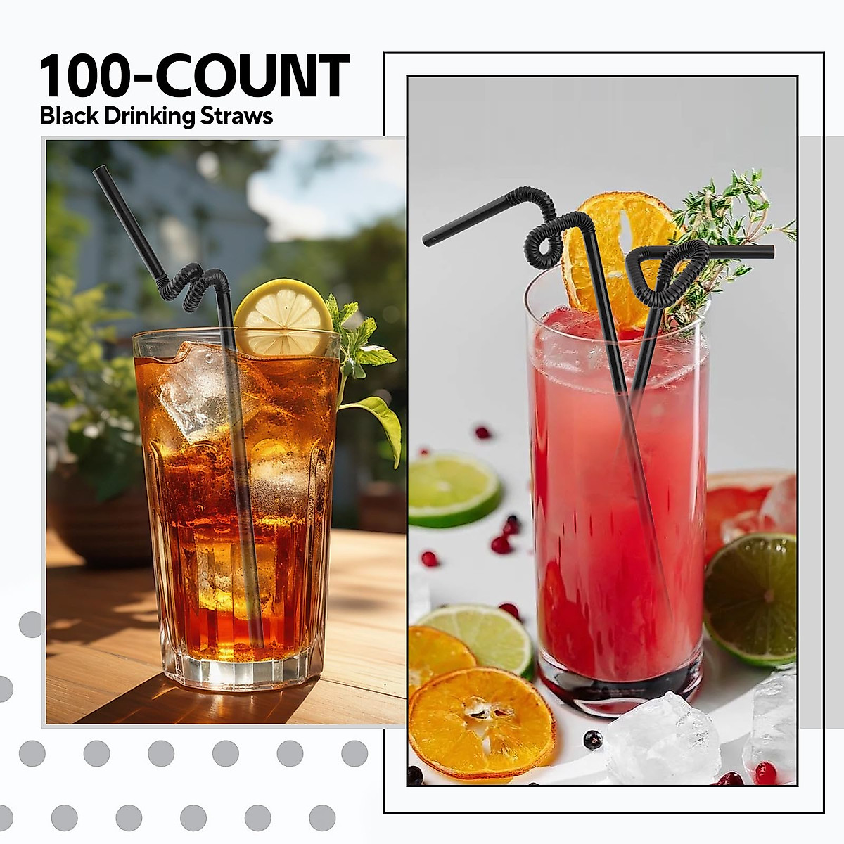 SONGNASS 100PCS Black Flexible Plastic Straws,Black Disposable Bendy Party Fancy Straws13inch Extra Long Straws Party Decorations