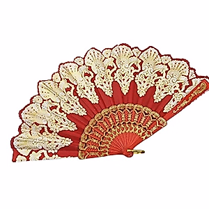PHONME Multipurpose Folding Hand Held Fan Flower Lace Black Wedding Dance Party Silk Fans Luxury Fashion Hot Stamping Fan Spanish Style for Decoration Vintage Style (Color : Red)