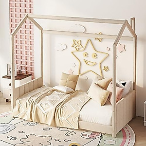 Bellemave Twin Size Velvet House Bed,Wood Bed, Twin Bed Platform Bed for Kids, Wood Twin Size Platform Bed Frame for Boys and Girls and Kids, No Box Spring Needed (Beige)