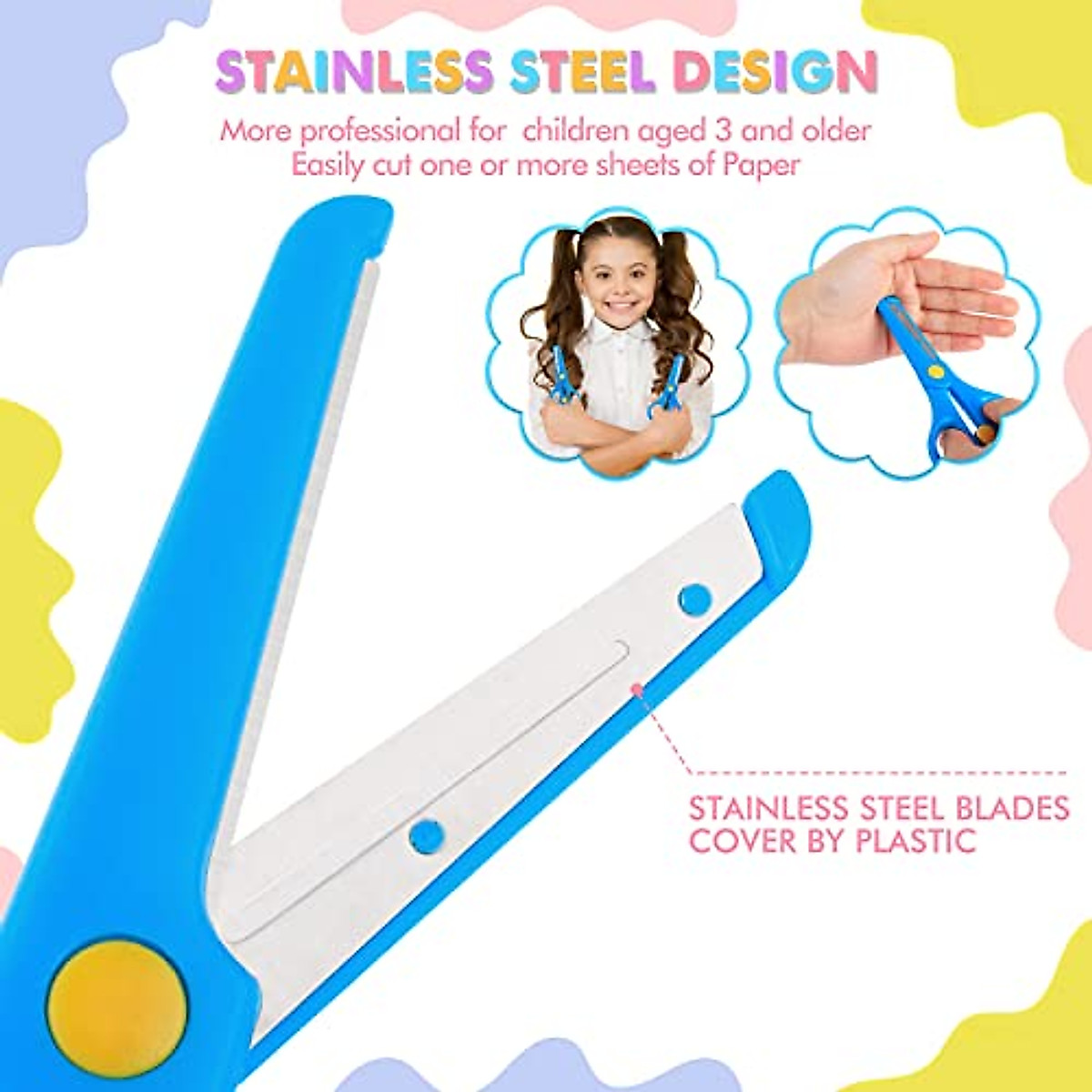 UCEC Toddler Scissors Kids Paper Cut 100 Sheets, 2PCS Plastic Safety Scissors + 2PCS Stainless Steel Preschool Training Scissors, DIY Art Craft Origami Paper Child Scissors for Kids Preschool Child