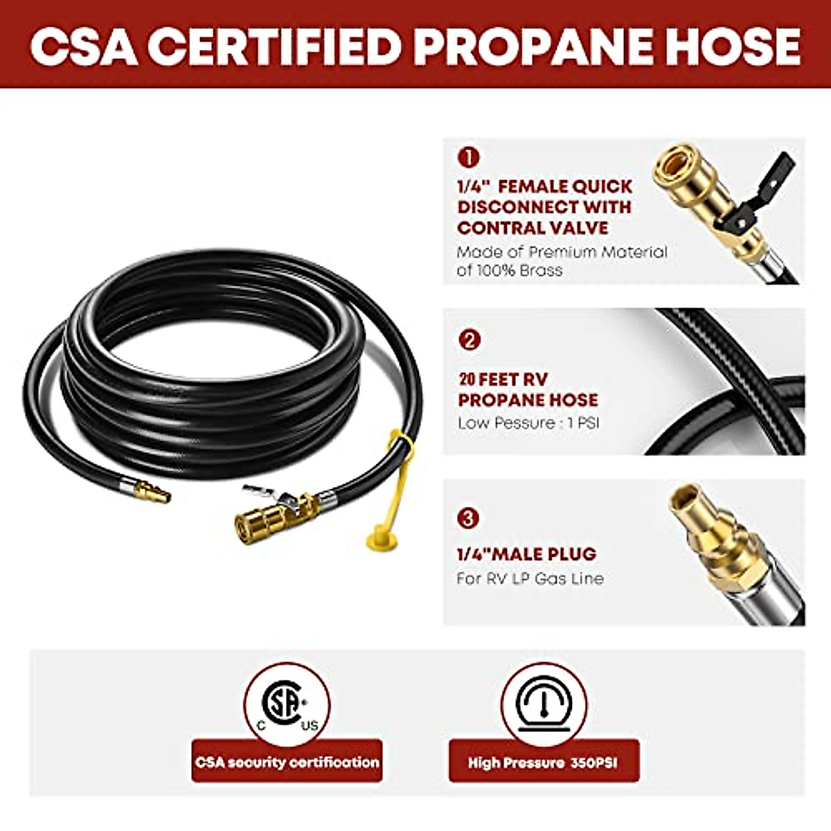 PatioGem 20 FT Quick Connect Propane Hose for RV to Grill, RV Propane Quick Connect Hose, Quick Disconnect Propane Hose Extension with 1/4"Safety Shutoff Valve for Grills, Griddles, Stove, Heater