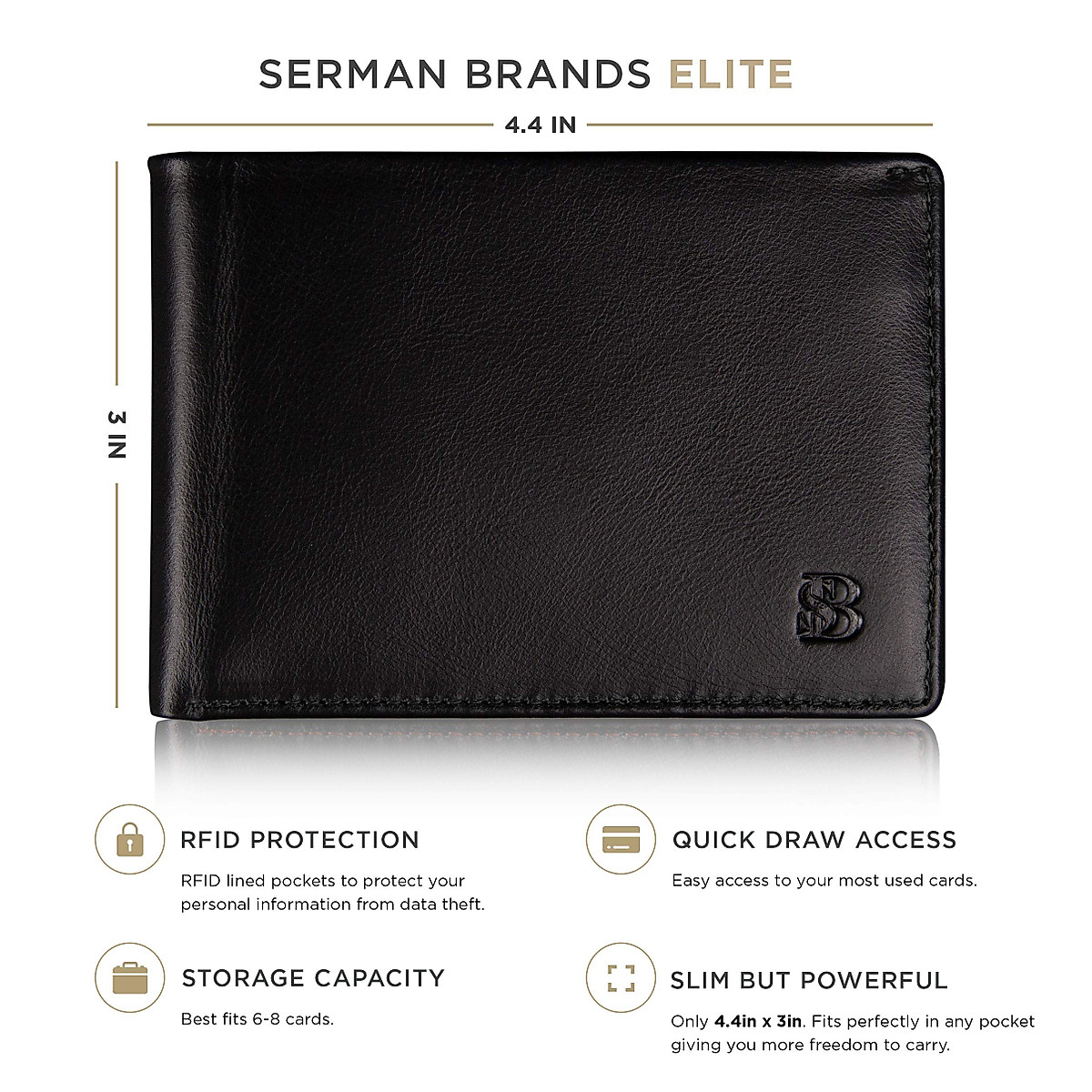 SERMAN BRANDS Mens Slim Bifold Wallet RFID Blocking Minimalist Front Pocket Full Grain Leather Wallets for Men - Thin & Stylish (Jet Black Elite)