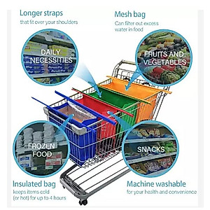 ISJ Co Trolley Bags for Shopping Cart, Set of 4 Reusable Bags (Orange, Green, Blue and Red)