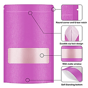 WObell 50pcs Kraft Ziplock Pouches,4.7x7.9 Inch Resealable Stand up Bags with Window, Reusable Ziplock Food Storage Pouches,Heat Sealable Bags Purple