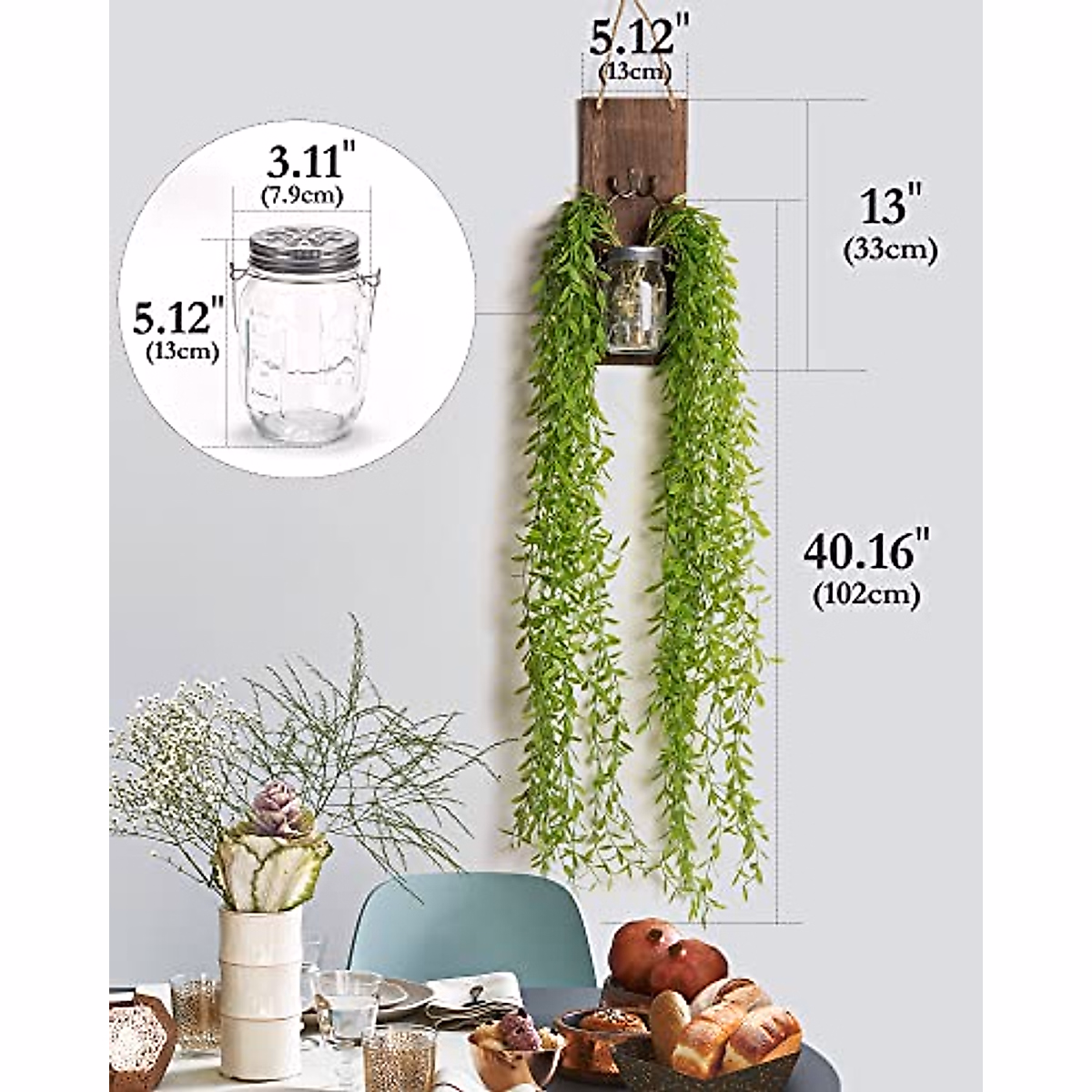 Mason Jar Sconces Wall Decor Set of 2 with LED Fairy Lights, Rustic Wall Sconces with 8 Modes Remote Control & 14 Artificial Willow Branches, Farmhouse Leaves Plants Decor for Living Room Bedroom DIY
