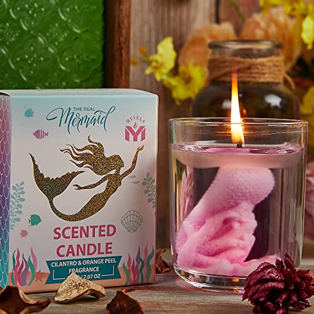 Jelly Gel Scented Candle Gift for Women,Cilantro & Orange Peel Highly Scented and Soy Wax Mermaid Jar Candle for Home Decoration Candle,As a Gift for Birthday，7.07 oz Candle