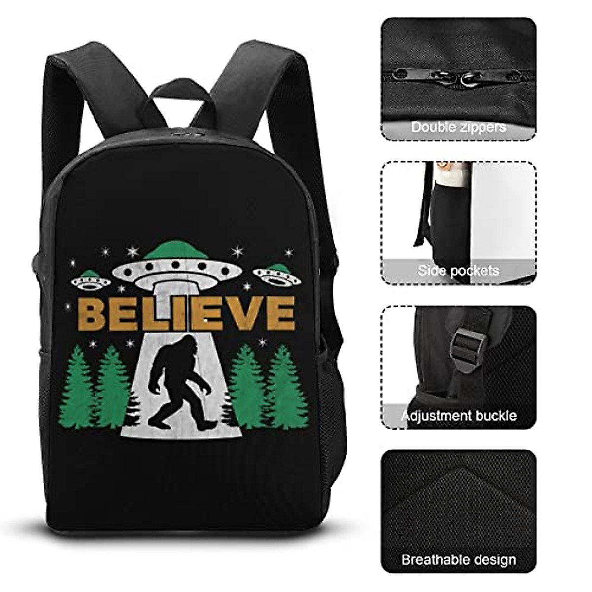 HUIANBPO Bigfoot Believe with UFO and Aliens Art Backpack,Lightweight School College Bookbag Casual Student Travel Laptop Daypack - 17inch