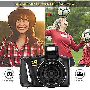 Digital Camera with Macro & Wide Angle Lens 48MP 4K Full HD Vlogging Camera for YouTube 3.0 Inch Screen Compact Camera for Beginners Teens Photography with Two Rechargeable Batteries