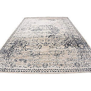 Unique Loom Chateau Collection Distressed Vintage Traditional Textured Dark Blue Area Rug (8' 0 x 10' 0), beige/navy blue