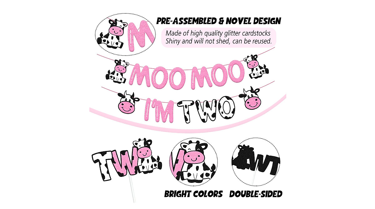 Moo Moo I’m Two Birthday Decorations - Cow Theme Supplies