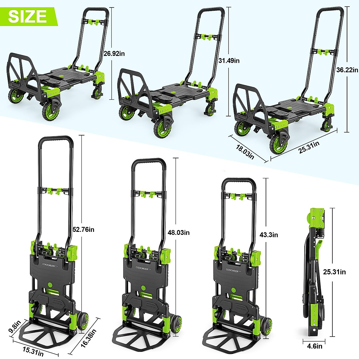 330LB Folding Hand Truck Heavy Duty Carrying, Combination of Four Wheels and Two Wheels Convertible Dolly Cart with Retractable Handle Dolly for Moving Office Carts(Green)