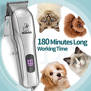 Gooad Dog Clippers for Grooming, Cordless,Low Noise, Electric Quiet,Rechargeable, Pet Hair Clippers for Thick Coats, Dog Trimmer Grooming Kit, Shaver for Small and Large Dogs Cats,Silver