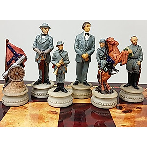 US American Civil War Generals Chess Set W/ 17" High Gloss Cherry & Burlwood Color Storage Board