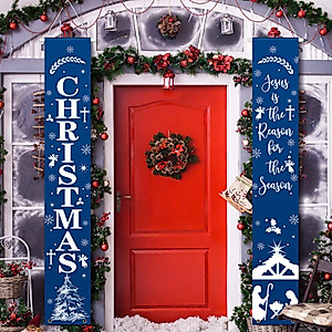 BBTO Pcs Christmas Nativity Scene Porch Sign Jesus Is The Reason for Season Banner Religious Holy Door Xmas Hanging Decorations Home Front 1BBTO x 7BBTO Inch, blue, white