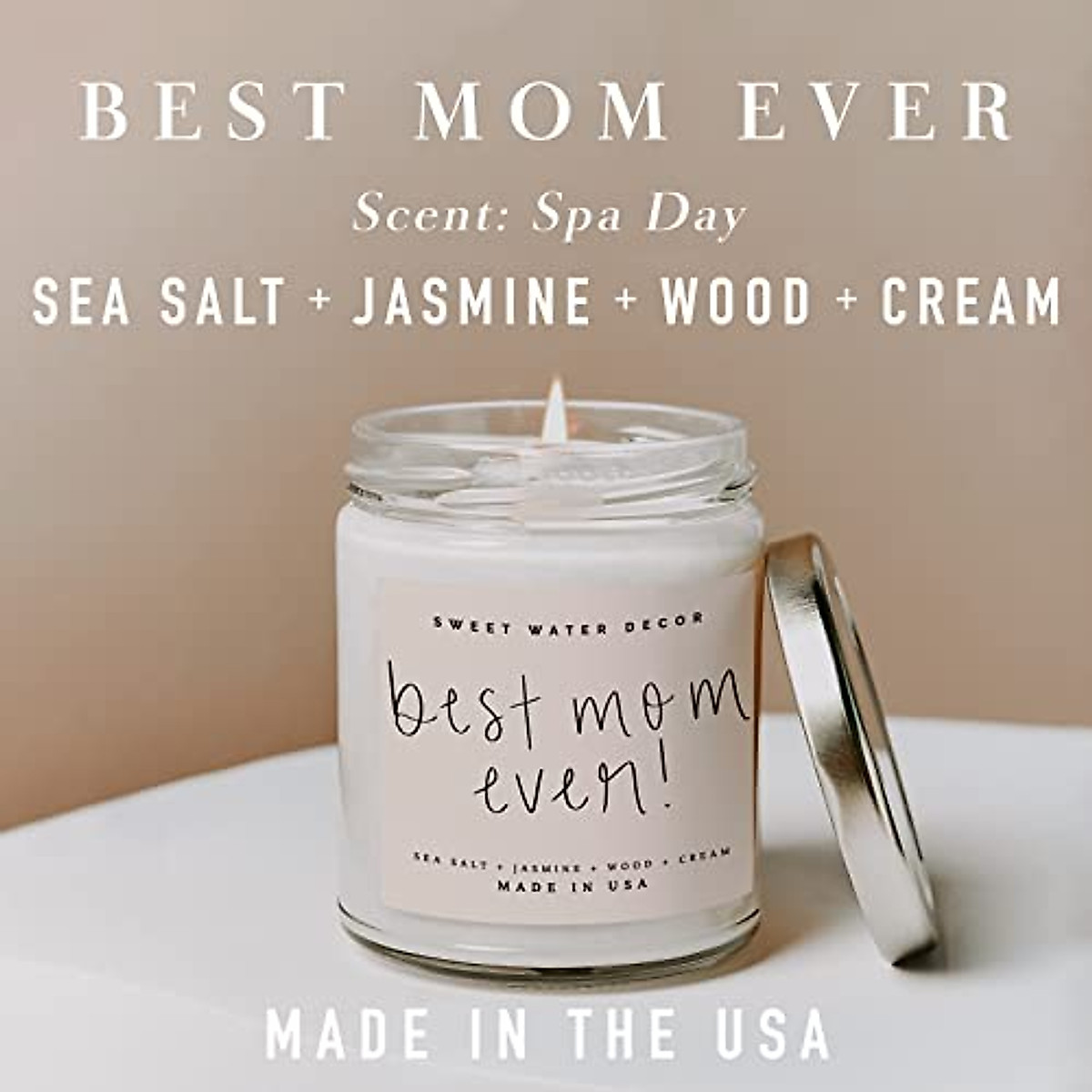 Sweet Water Decor, Best Mom Ever, Sea Salt, Jasmine, Cream, and Wood Scented Soy Wax Candle for Home | 9oz Clear Jar, 40 Hour Burn Time, Made in the USA