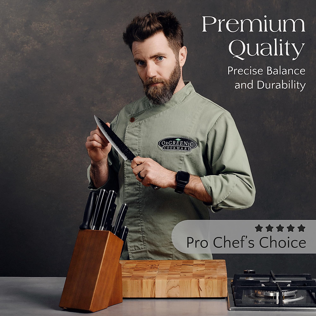 OrGREENiC Hammered High Carbon Steel Knife Set - Non-Stick Tsuchimi Blade Texture, Ergonomic Handle, Professional Sharpness for Precision Cutting - Includes Chef, Bread, Utility, and Steak Knives