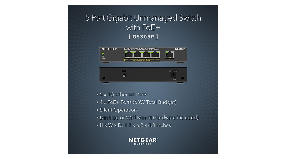NETGEAR 5-Port Gigabit Switch with PoE+ for Easy Networking