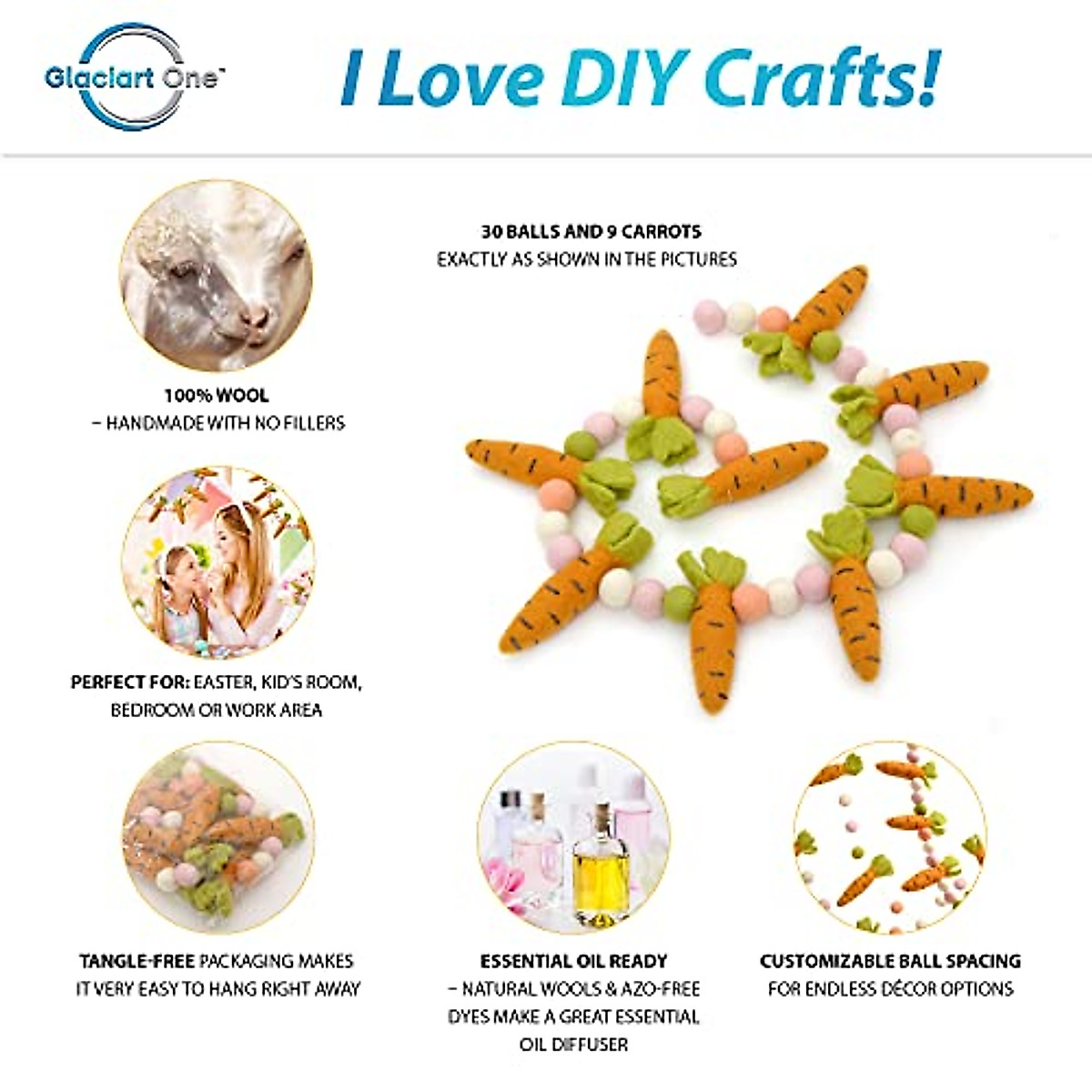 Glaciart One Felt Ball & Carrot Garland - Fun Party Decorations for Easter, Spring & Birthdays - Home Decor for Living Room, Bedroom, Baby Room - 100% Natural Wool Pom Poms with Cotton String - 9 Ft.