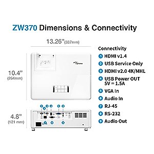Optoma ZW370 WXGA Professional Laser Projector | Compact Design & Bright 3700 lumens | DuraCore Technology, Up to 30,000 Hours | Network Control | Quiet Operation | 10W Speaker Built in