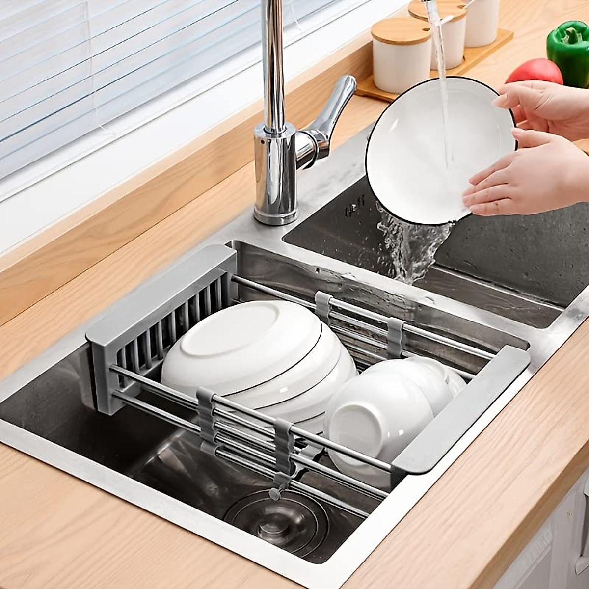 1pc Drain Rack, Stainless Steel Kitchen Basket, Home Dish Rack, Retractable Sink Shelf, 22 * 29 * 9.5cm/8.66 * 11.41 * 3.14in