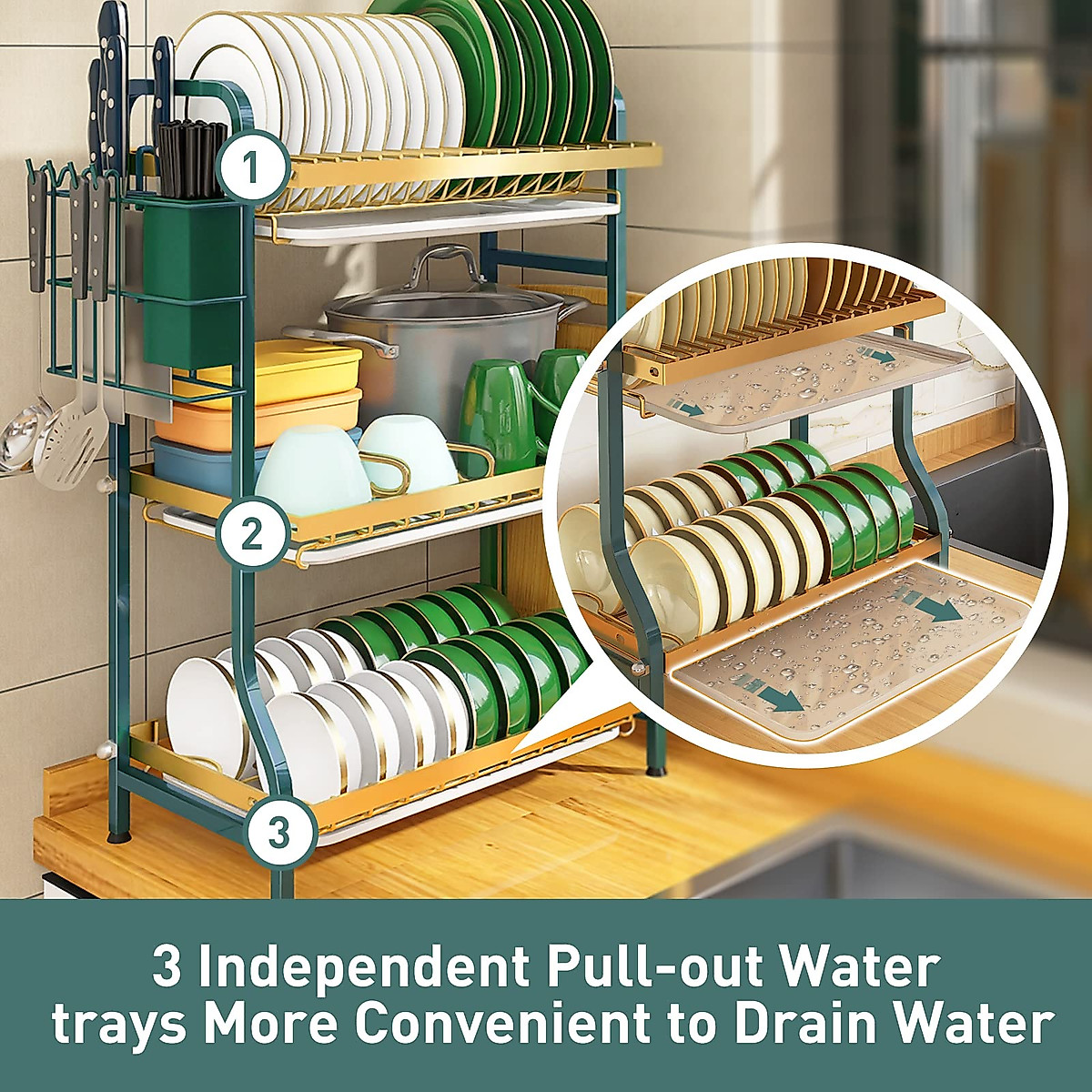 JAZORR Dish Drying Rack, 3 Tier Dish Rack with Drainboard, Cutlery Holder, Cutting-Board Holder，Large Capacity Dish Drainer for Plates Bowls Cups Kitchen Counter(Green & Golden)